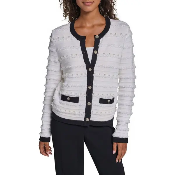 Karl Lagerfeld Paris Imitation Pearl Fringe Cardigan - Soft White/black