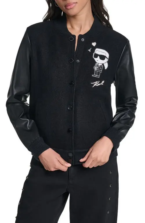 Karl Lagerfeld Paris Karl Wool Blend Varsity Jacket With Faux Leather Sleeves