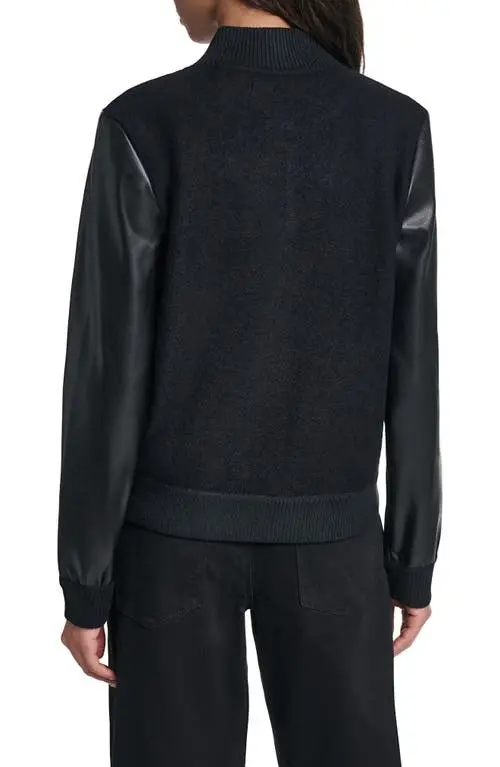 Karl Lagerfeld Paris Karl Wool Blend Varsity Jacket With Faux Leather Sleeves