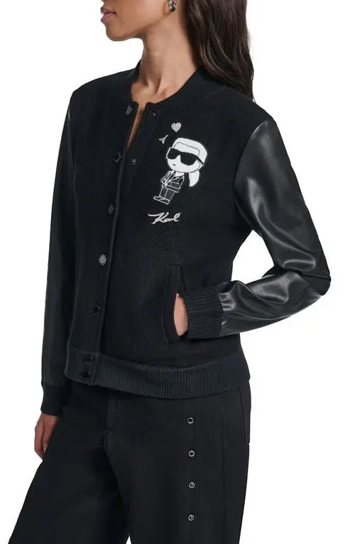 Karl Lagerfeld Paris Karl Wool Blend Varsity Jacket With Faux Leather Sleeves