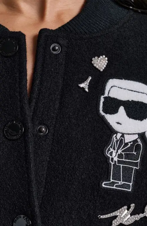 Karl Lagerfeld Paris Karl Wool Blend Varsity Jacket With Faux Leather Sleeves