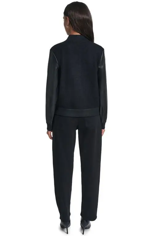 Karl Lagerfeld Paris Karl Wool Blend Varsity Jacket With Faux Leather Sleeves