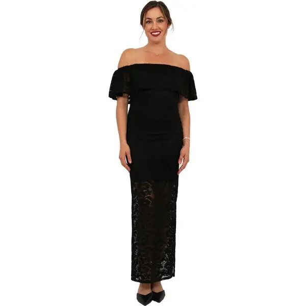 24SEVEN COMFORT APPAREL Elevate Lace Off The Shoulder Side Slit Body-con Maxi Dress - Black