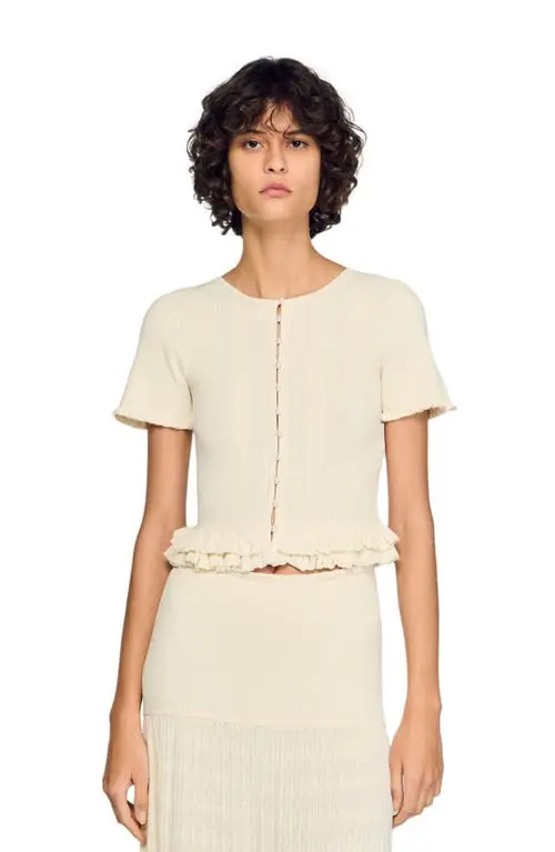 Sandro Ruffled Knit Cropped Cardigan