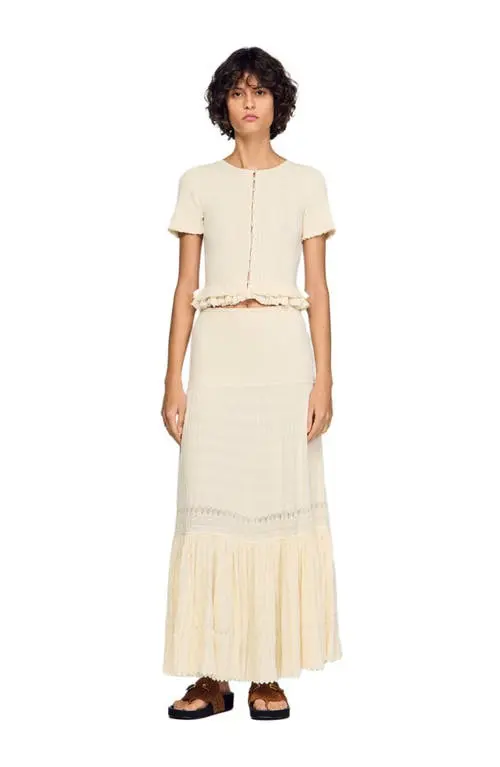 Sandro Ruffled Knit Cropped Cardigan