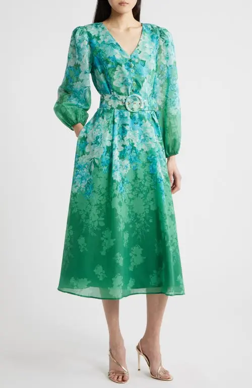 TAHARI ASL Long Sleeve Floral Print Midi Dress - Green