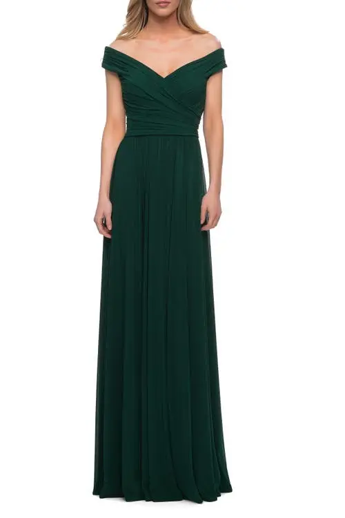 La Femme Off The Shoulder Net Jersey Gown - Emerald