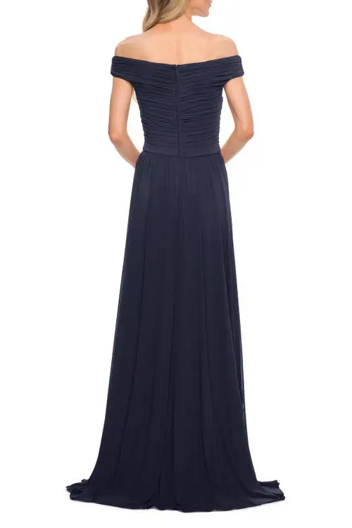 La Femme Off-the-shoulder Jersey Gown - Navy