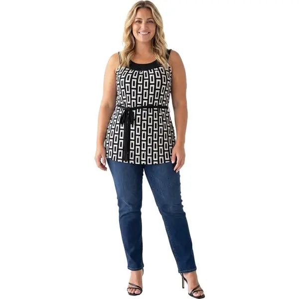 24SEVEN COMFORT APPAREL Curvy Essential Geometric Print Scoop Neck Sleeveless Waist Tie Top - Black Multi