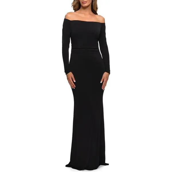 La Femme Long Sleeve Off-the-shoulder Jersey Gown