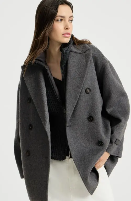 Brunello Cucinelli Cashmere Double Beaver Cloth Pea Coat With Precious Patch - Anthracite