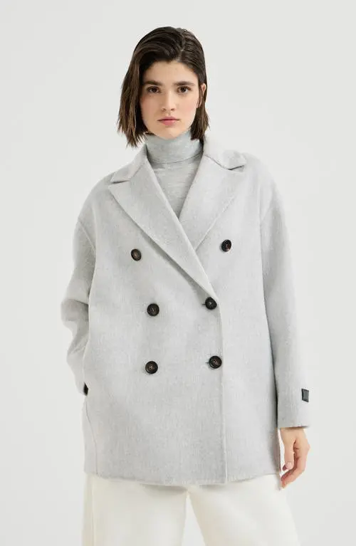Brunello Cucinelli Cashmere Double Beaver Cloth Pea Coat With Precious Patch - Light Grey