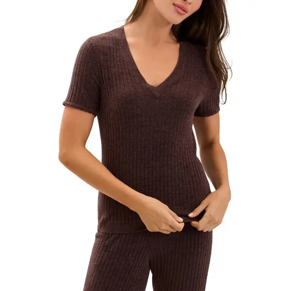 Barefoot Dreams Scalloped Ribbed V-neck Top - Umber