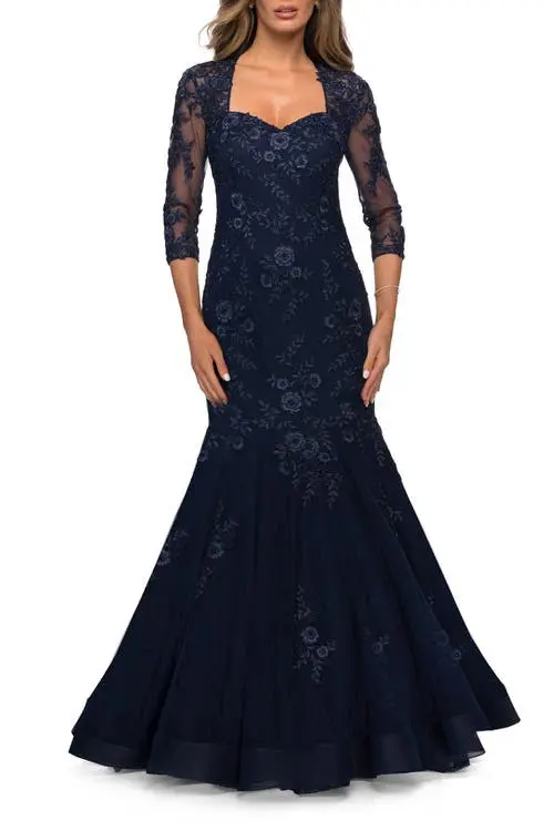 La Femme Lace Mermaid Gown - Navy