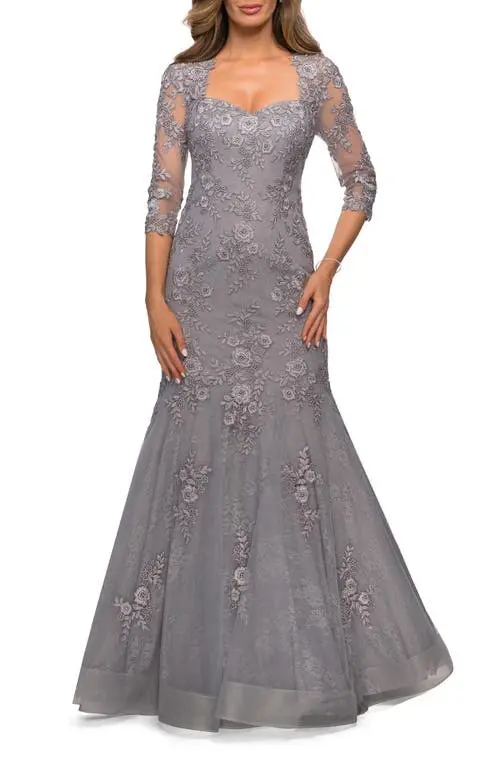La Femme Lace Mermaid Gown - Silver