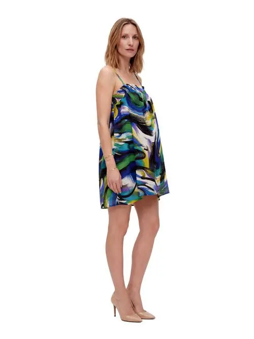 24SEVEN COMFORT APPAREL Abstract Print Spaghetti Strap Smocked A-line Pocket Mini Dress