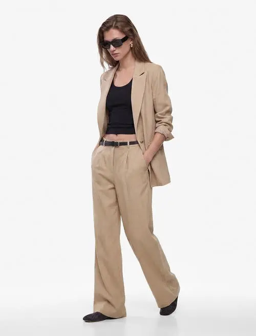 KOTON Mid Rise Linen Blend Belted Trousers