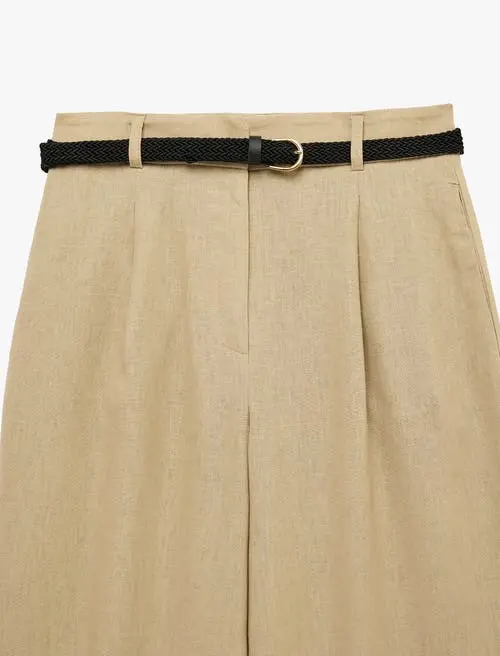 KOTON Mid Rise Linen Blend Belted Trousers