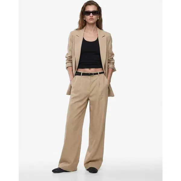 Koton Mid Rise Linen Blend Belted Wide Leg Trousers - Khaki