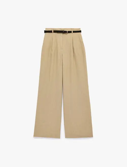 Koton Mid Rise Linen Blend Belted Wide Leg Trousers - Khaki