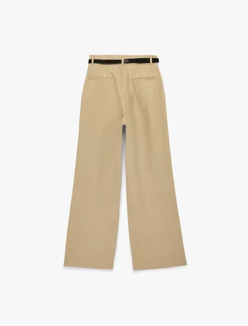 Koton Mid Rise Linen Blend Belted Wide Leg Trousers - Khaki