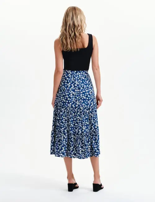 FINERY LONDON Isla Tiered Button Through Midi Skirt - Navy Ditsy