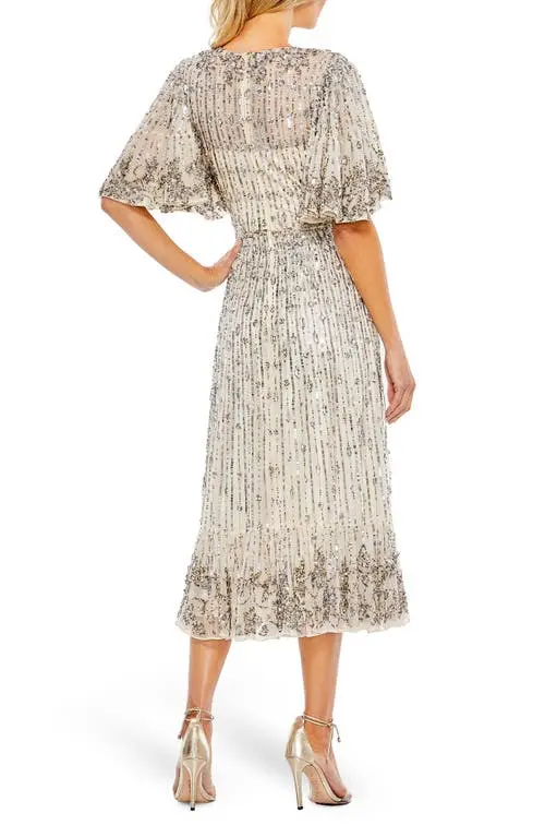 Mac Duggal Embellished Flounce Sleeve Midi Dress - Nude Silver