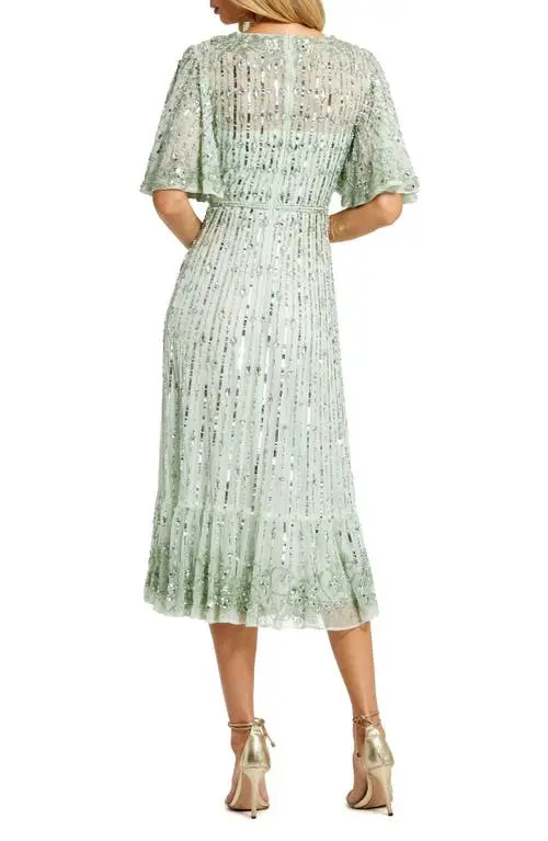 Mac Duggal Embellished Flounce Sleeve Midi Dress - Sage