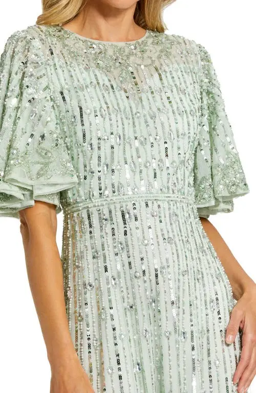 Mac Duggal Embellished Flounce Sleeve Midi Dress - Sage