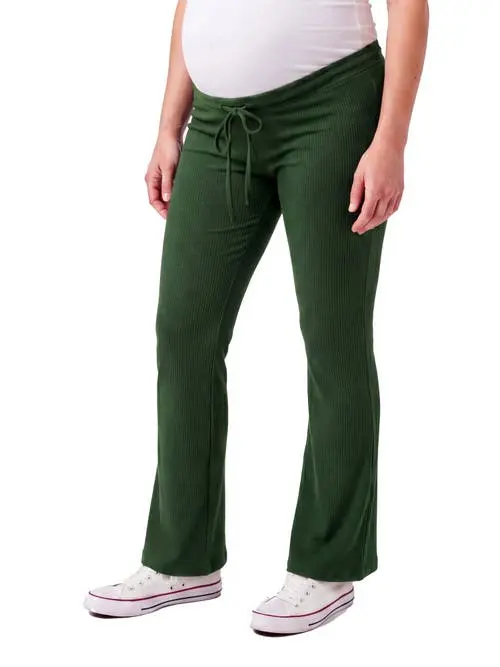 24SEVEN COMFORT APPAREL Maternity Ribbed Knit Lounge Pants With Drawstring Waist - Kiwi