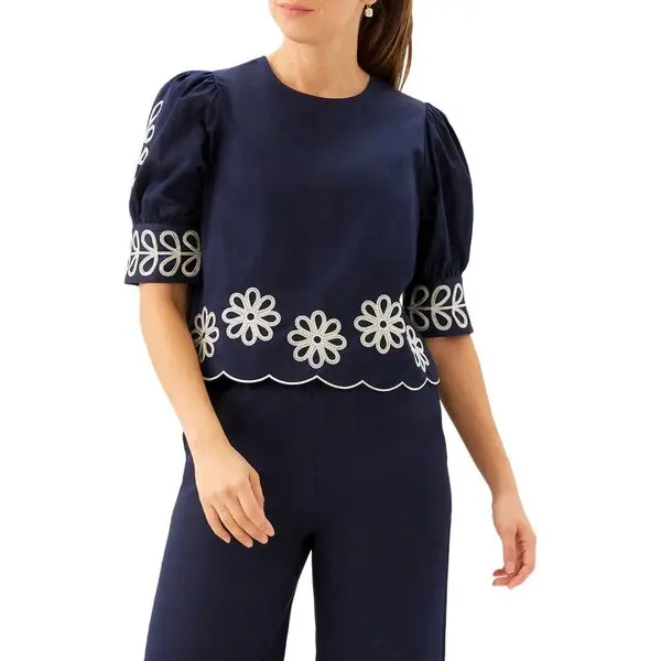 Karen Kane Embroidered Scallop Puff Sleeve Cotton Top - Navy