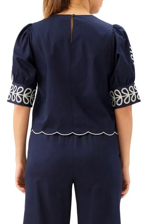 Karen Kane Embroidered Scallop Puff Sleeve Cotton Top