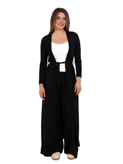 24SEVEN COMFORT APPAREL Basic Long Sleeve Tie Waist Soft Jacket And Elastic Waist Wide Leg Pant Set - Black