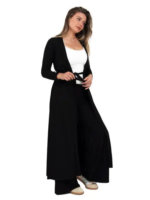 24SEVEN COMFORT APPAREL Basic Long Sleeve Tie Waist Soft Jacket And Elastic Waist Wide Leg Pant Set - Black