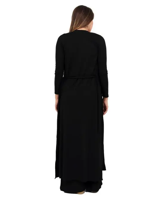 24SEVEN COMFORT APPAREL Basic Long Sleeve Tie Waist Soft Jacket And Elastic Waist Wide Leg Pant Set - Black