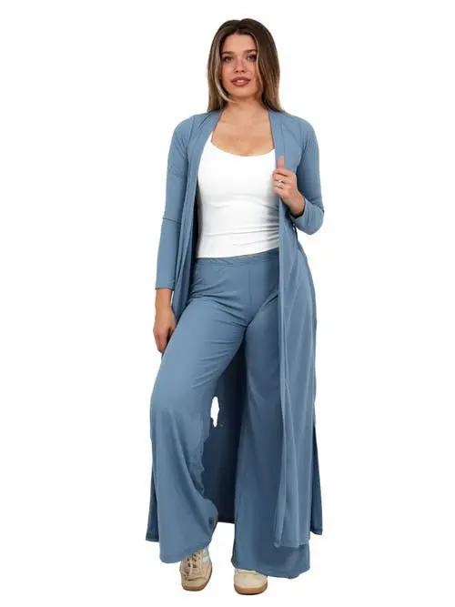24SEVEN COMFORT APPAREL Basic Long Sleeve Tie Waist Soft Jacket And Elastic Waist Wide Leg Pant Set - Blue