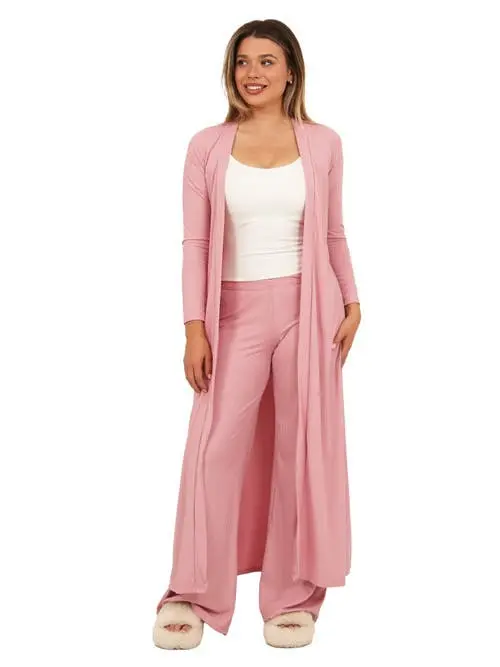 24SEVEN COMFORT APPAREL Basic Long Sleeve Tie Waist Soft Jacket And Elastic Waist Wide Leg Pant Set - Blush