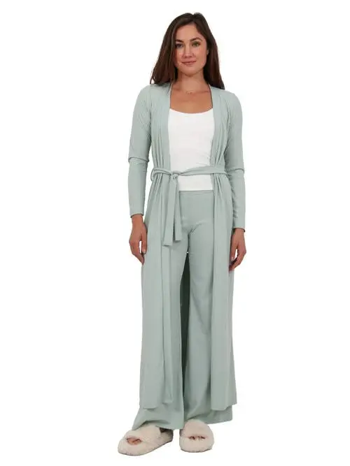 24SEVEN COMFORT APPAREL Basic Long Sleeve Tie Waist Soft Jacket And Elastic Waist Wide Leg Pant Set - Mint