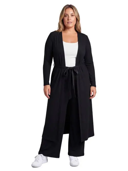 24SEVEN COMFORT APPAREL Ribbed Knit Long Sleeve Jacket And Wide Leg Pant Set - Black