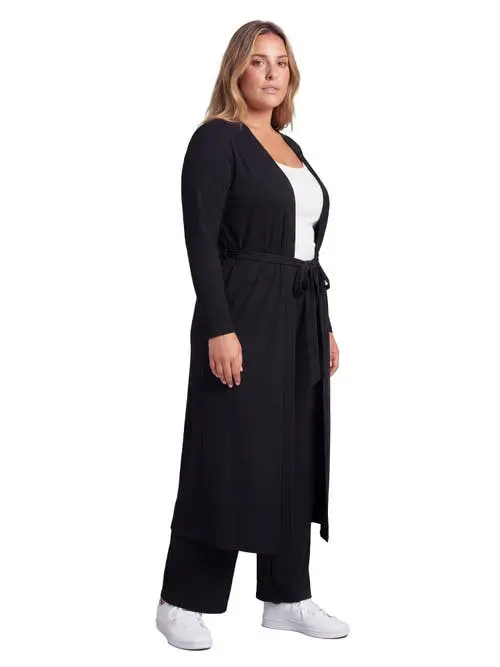 24SEVEN COMFORT APPAREL Ribbed Knit Long Sleeve Jacket And Wide Leg Pant Set - Black