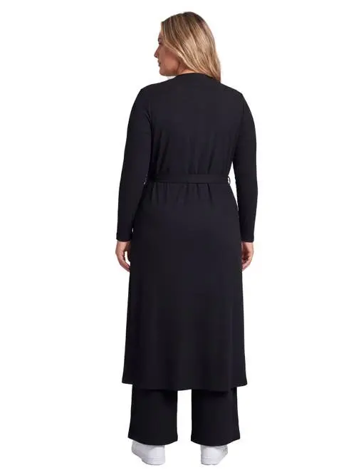 24SEVEN COMFORT APPAREL Ribbed Knit Long Sleeve Jacket And Wide Leg Pant Set - Black