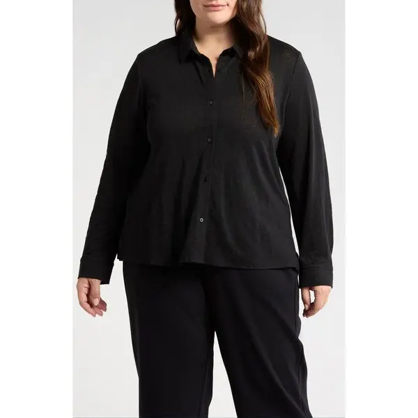 Eileen Fisher Classic Collar Organic Linen Button-up Shirt - Black