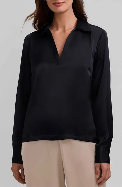 Foxcroft Talia Long Sleeve Satin Polo - Black