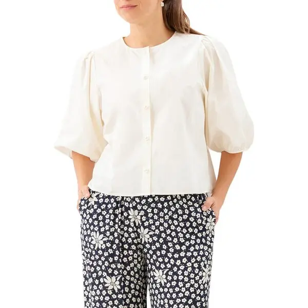 Karen Kane Puff Sleeve Faux Pearl Button Cotton Shirt - Cream