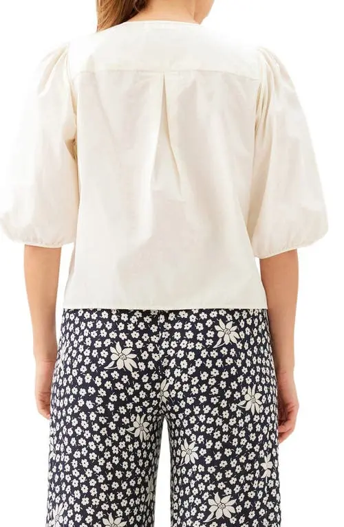 Karen Kane Puff Sleeve Faux Pearl Button Cotton Shirt - Cream