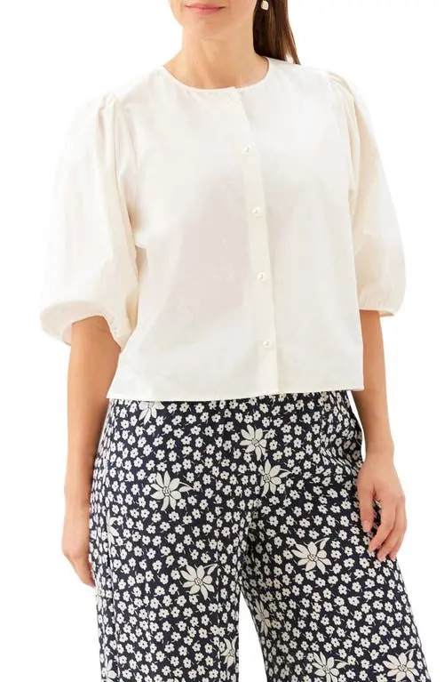 Karen Kane Puff Sleeve Faux Pearl Button Cotton Shirt - Cream