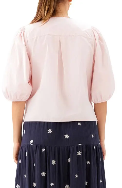 Karen Kane Puff Sleeve Faux Pearl Button Cotton Shirt