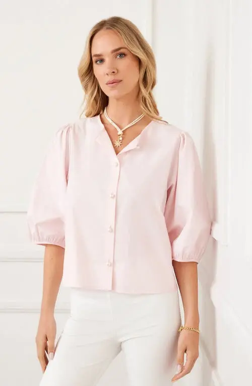 Karen Kane Puff Sleeve Faux Pearl Button Cotton Shirt