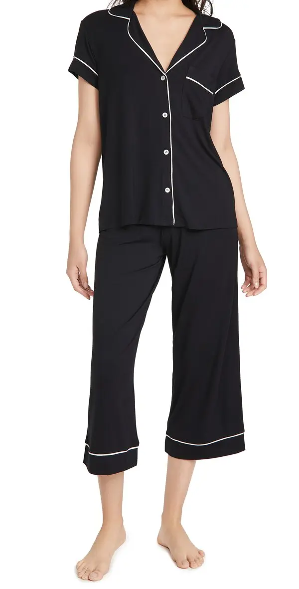 Eberjey Gisele Short Sleeve Crop Pajama Set - Black/sorbet Pink