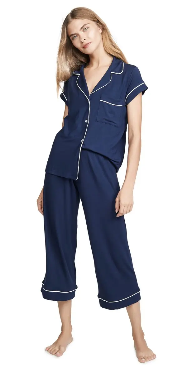 Eberjey Gisele Short Sleeve Crop Pajama Set - Navy/ivory